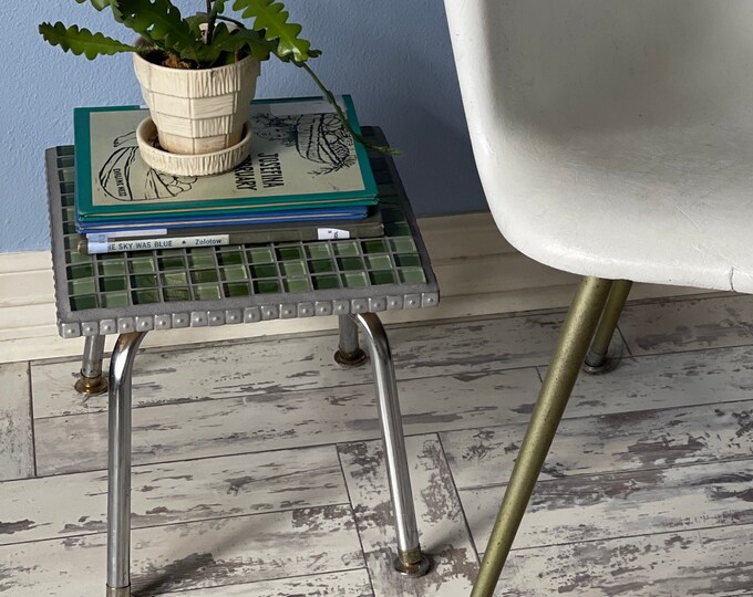 Vintage Stool Foot Rest Mosaic Side Table Mid Century Industrial Green ...