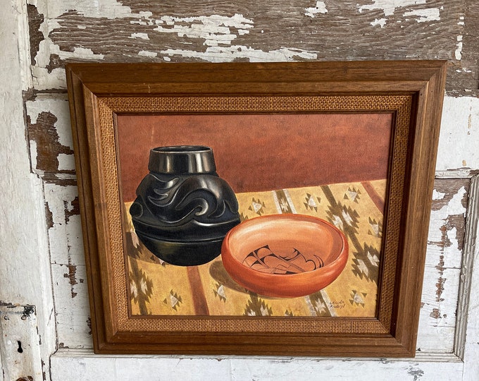 Vintage Painting Leona Rubin Pueblo Pottery Textile Still Life - Mid ...