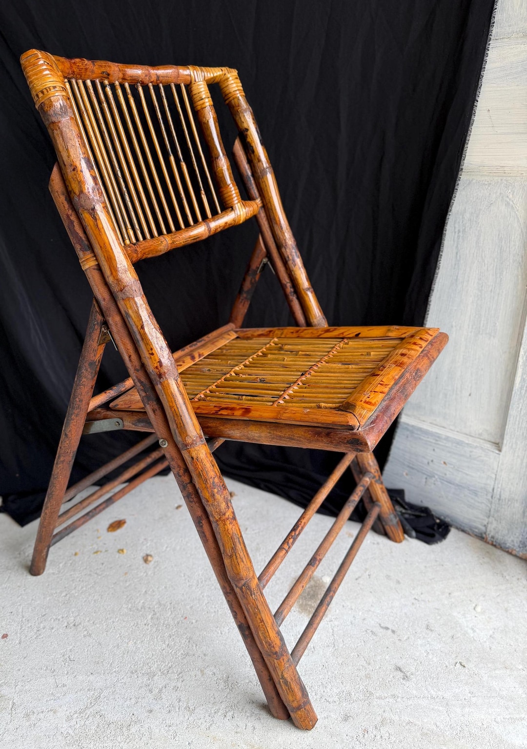 Vintage Bamboo Folding Chair - Burnt Tortoise Shell Mid Century - Etsy
