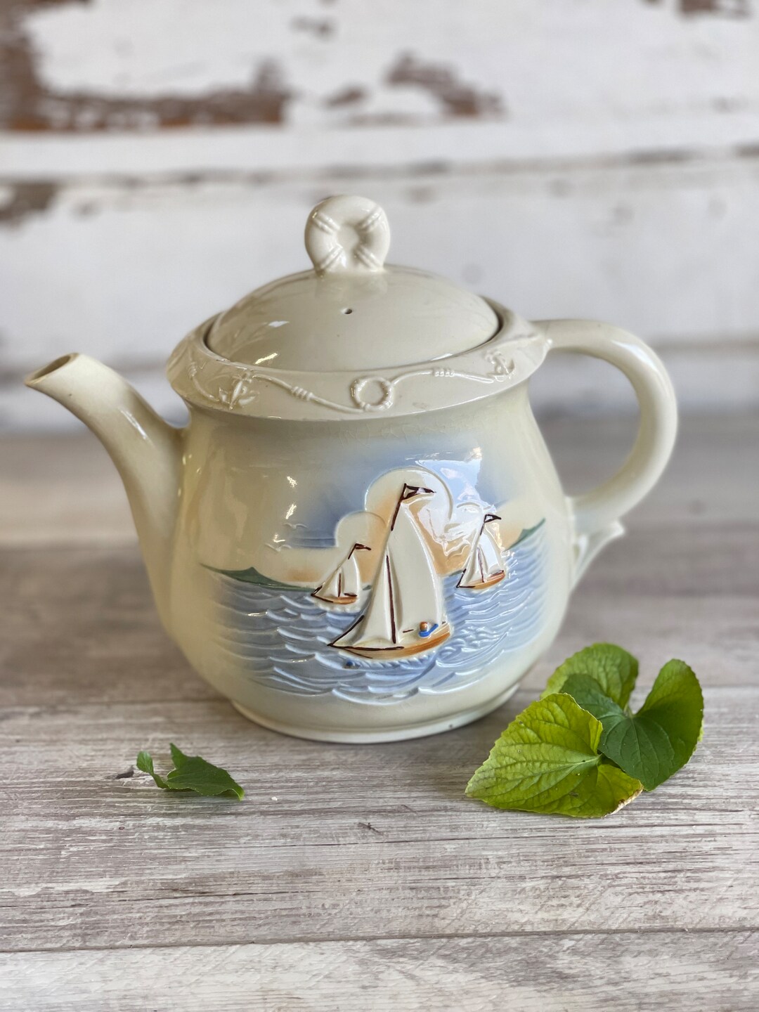 Vintage Teapot Porcelier Sail Boat Tea Pot Extra Large Vitreous China ...