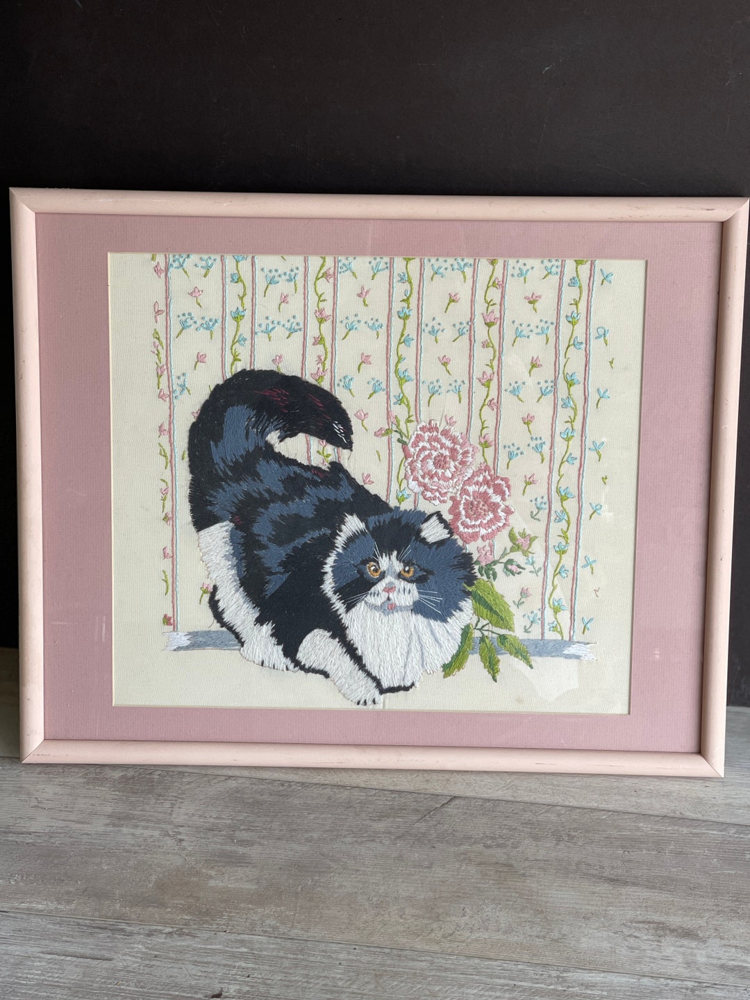 Vintage Crewel Embroidery Framed Fluffy Cat - Embrace Your Inner Cat ...