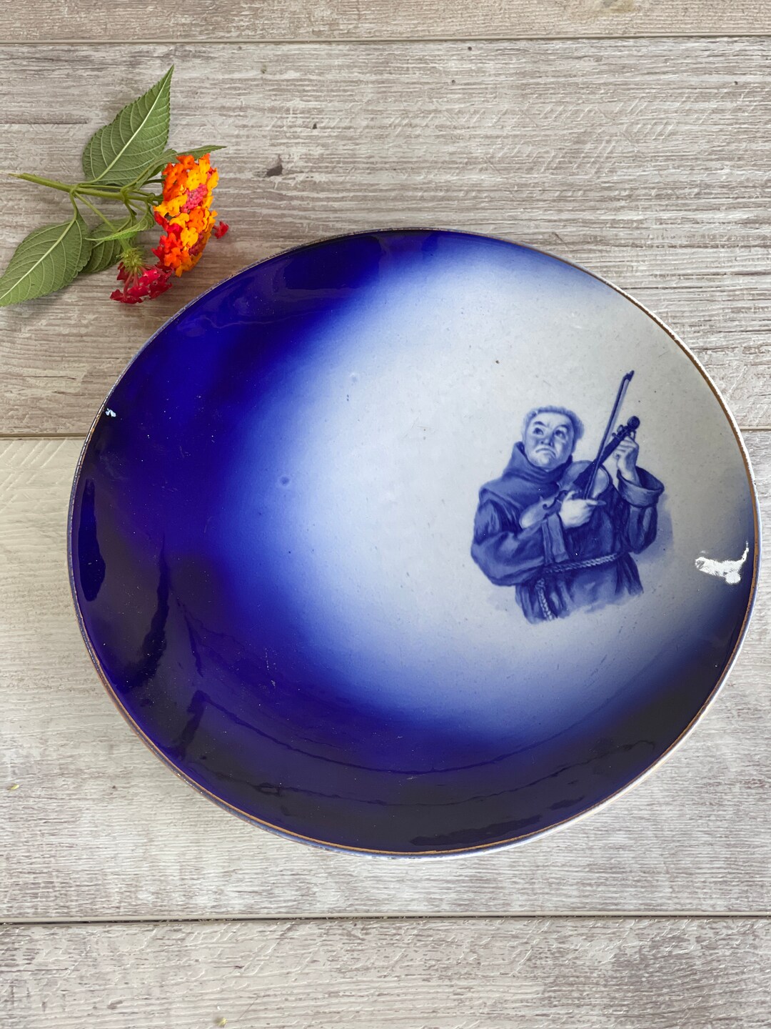 Antique Cobalt Blue Monk Plate - Friar Fiddler - Air Brushed Wall Plate ...