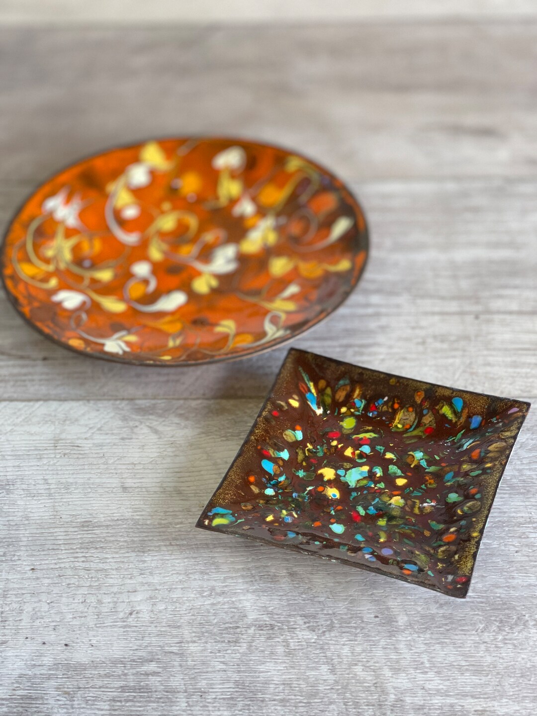 Vintage Copper Enamel Dishes - Plate- Large and Small Round and Square ...