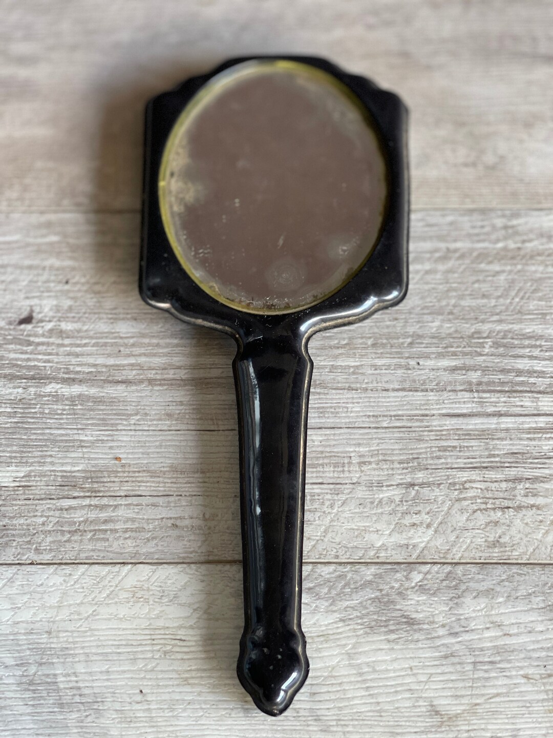 Vintage Black Hand Mirror Beveled Glass -vinyl Celluloid - Etsy