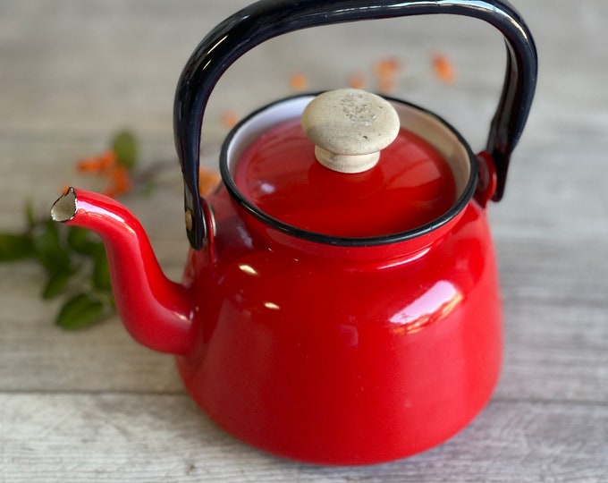 Vintage Teapot - Enamelware Graniteware Red Kettle -made in Poland - AS ...