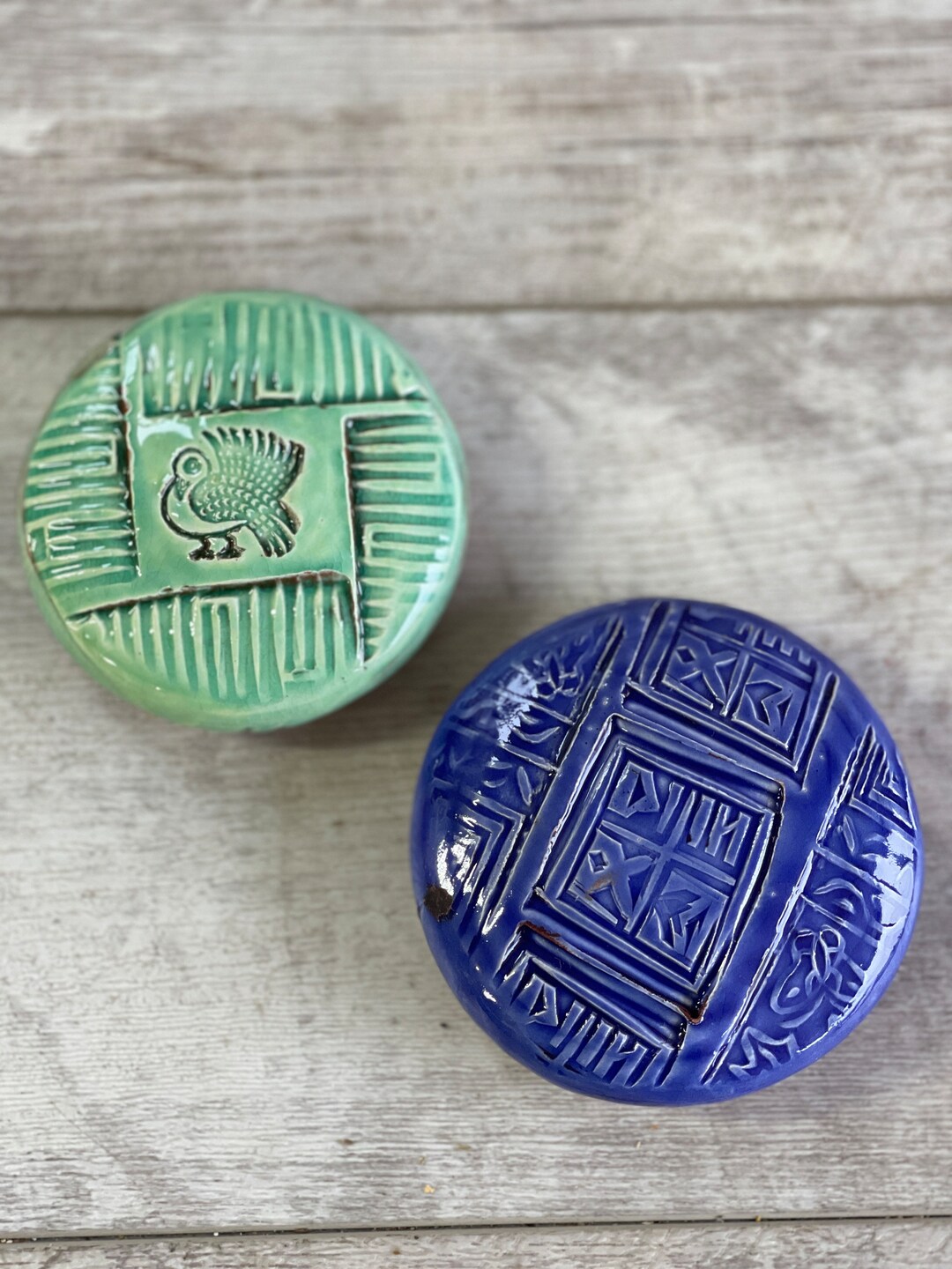 Vintage Paperweight - PJK Pottery Blue/green Choice Pressed Red Clay ...