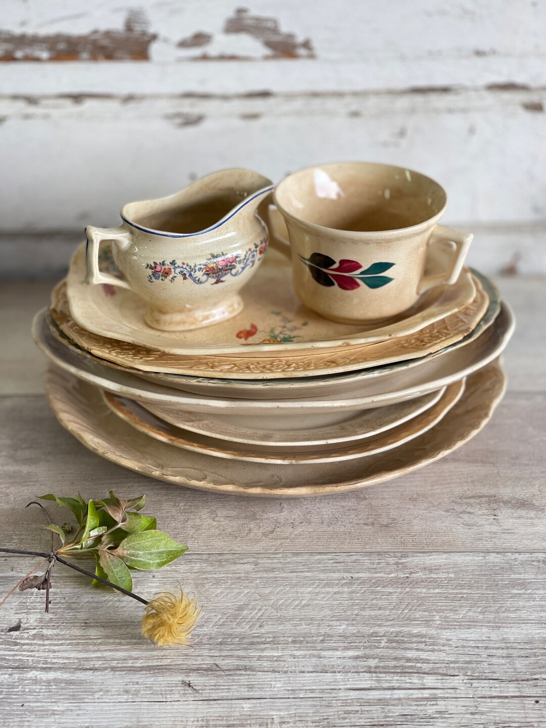 Antique Distressed Ironstone Stained Dishes -platters Plates Creamer ...