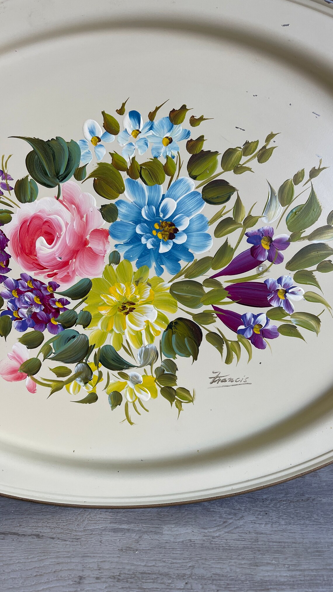 Vintage Tole Painted Tray Handpainted Ivory Signed Francis - Etsy