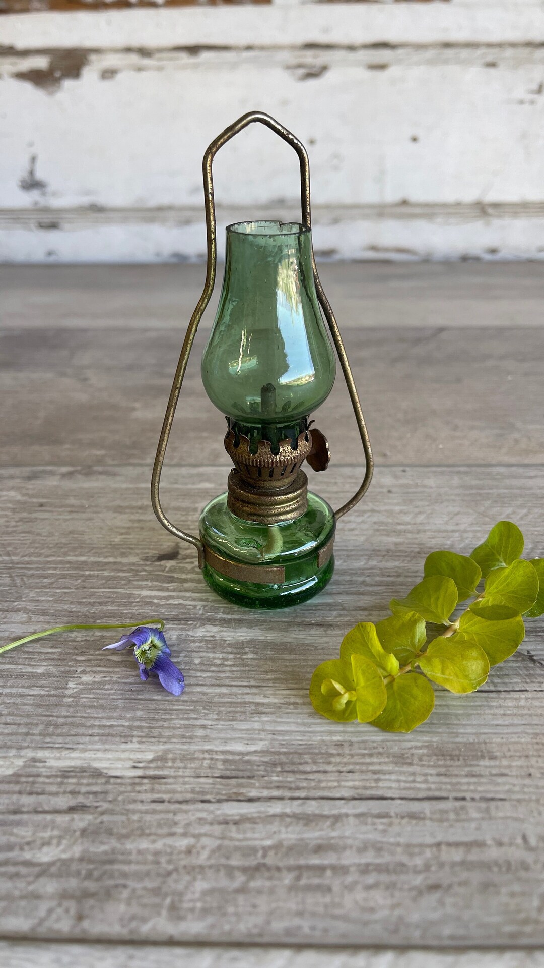 Vintage Mini Oil Lamp Green Glass Hurricane Kerosene Lamp - Etsy