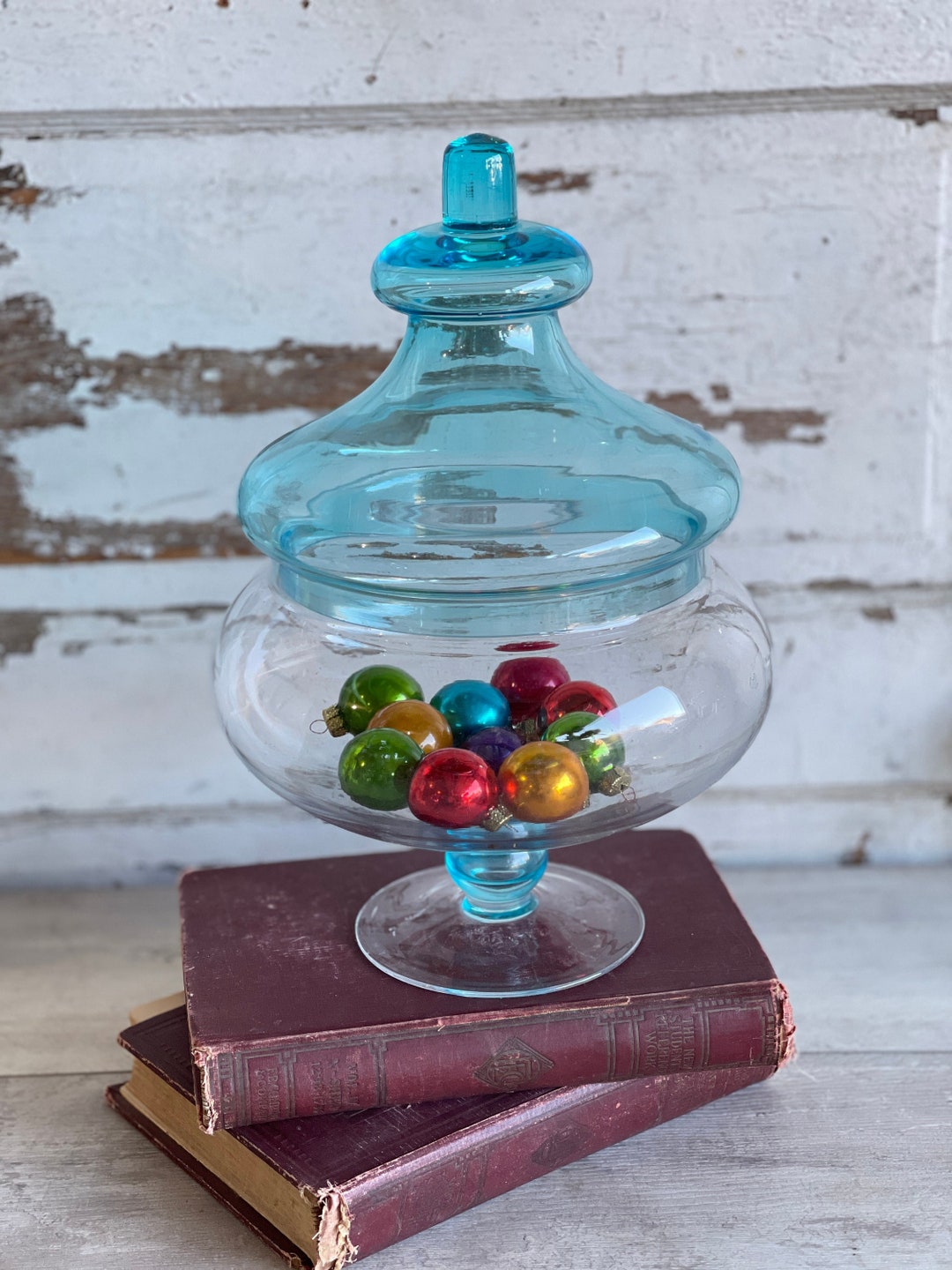 Vintage Apothecary Jar - Aqua Blue Candy Dish Mushroom Blown Glass ...