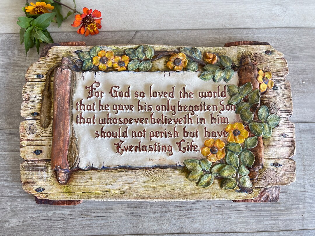 Vintage H A Larsen Plaster Chalkware Plaque Bible Verse John 3:16 ...