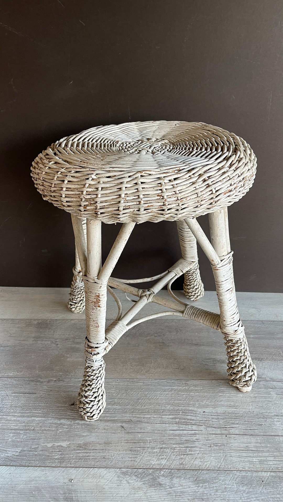 Vintage Wicker Stool - Plant Stand - Side Table - Four Legged Vanity ...