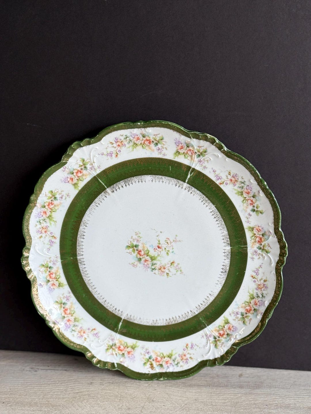 Vintage Porcelain Cake Plate or Under Plate - Green and White ...