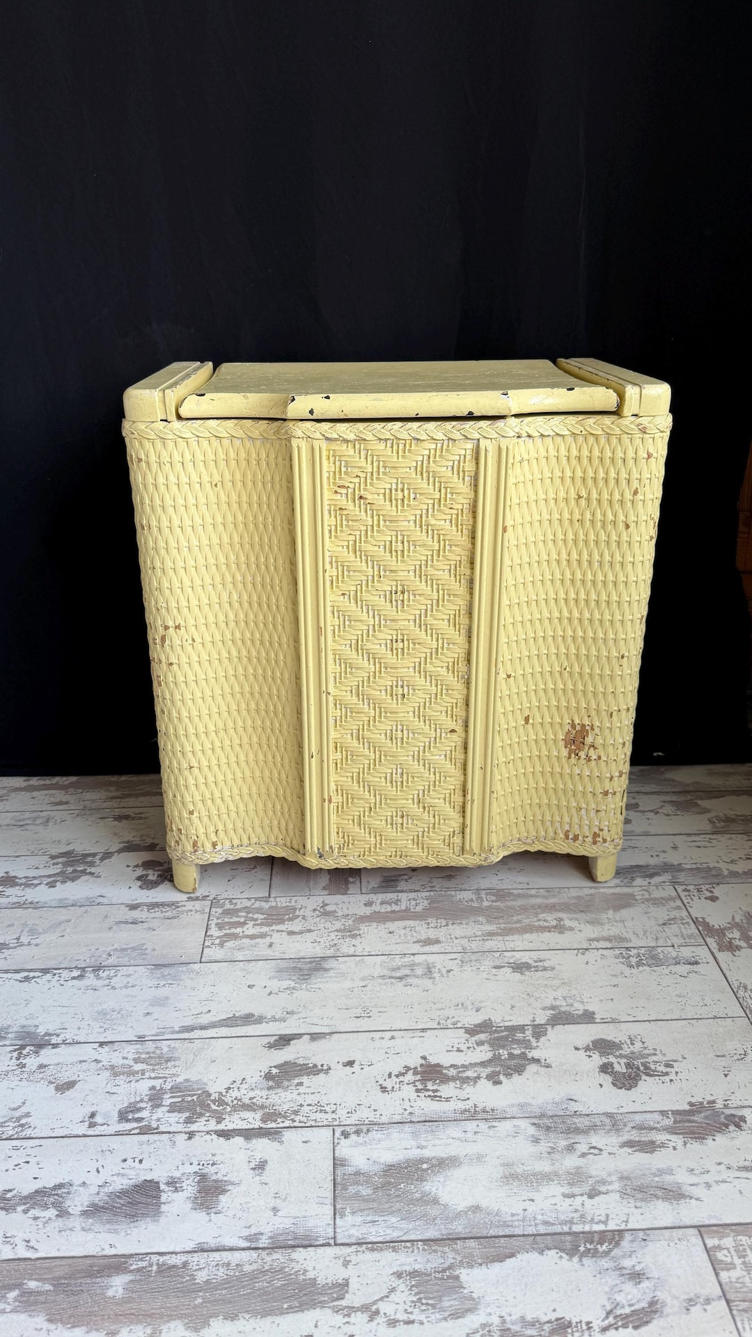 Vintage Woven Hamper Art Deco 1950s Painted Yellow Wicker and Wood ...