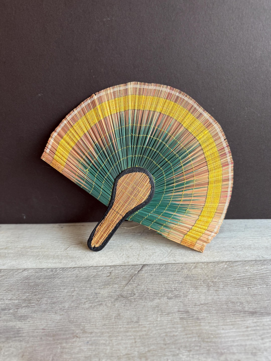 Vintage Hand Fan-natural Woven Grass- Green and Yellow Flat Weave Sewn ...