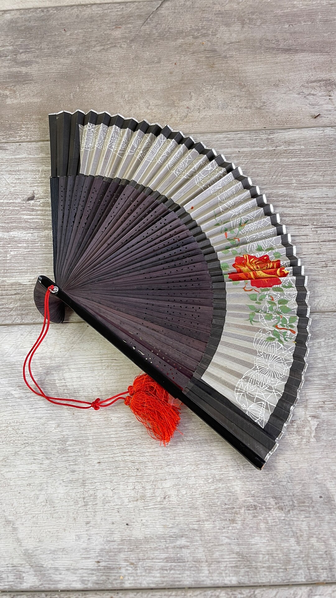 Vintage Japanese Wooden Fan -pierced Bamboo Folding With Tassel - OLD ...