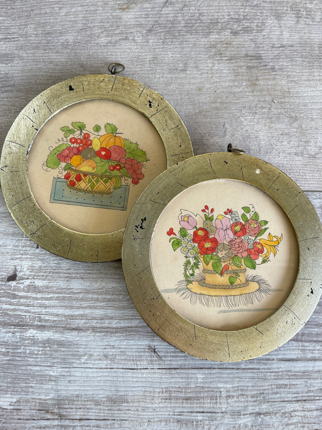 Vintage Framed Florals- Round Gold Frames - Tiny Art Pair Flower Prints ...