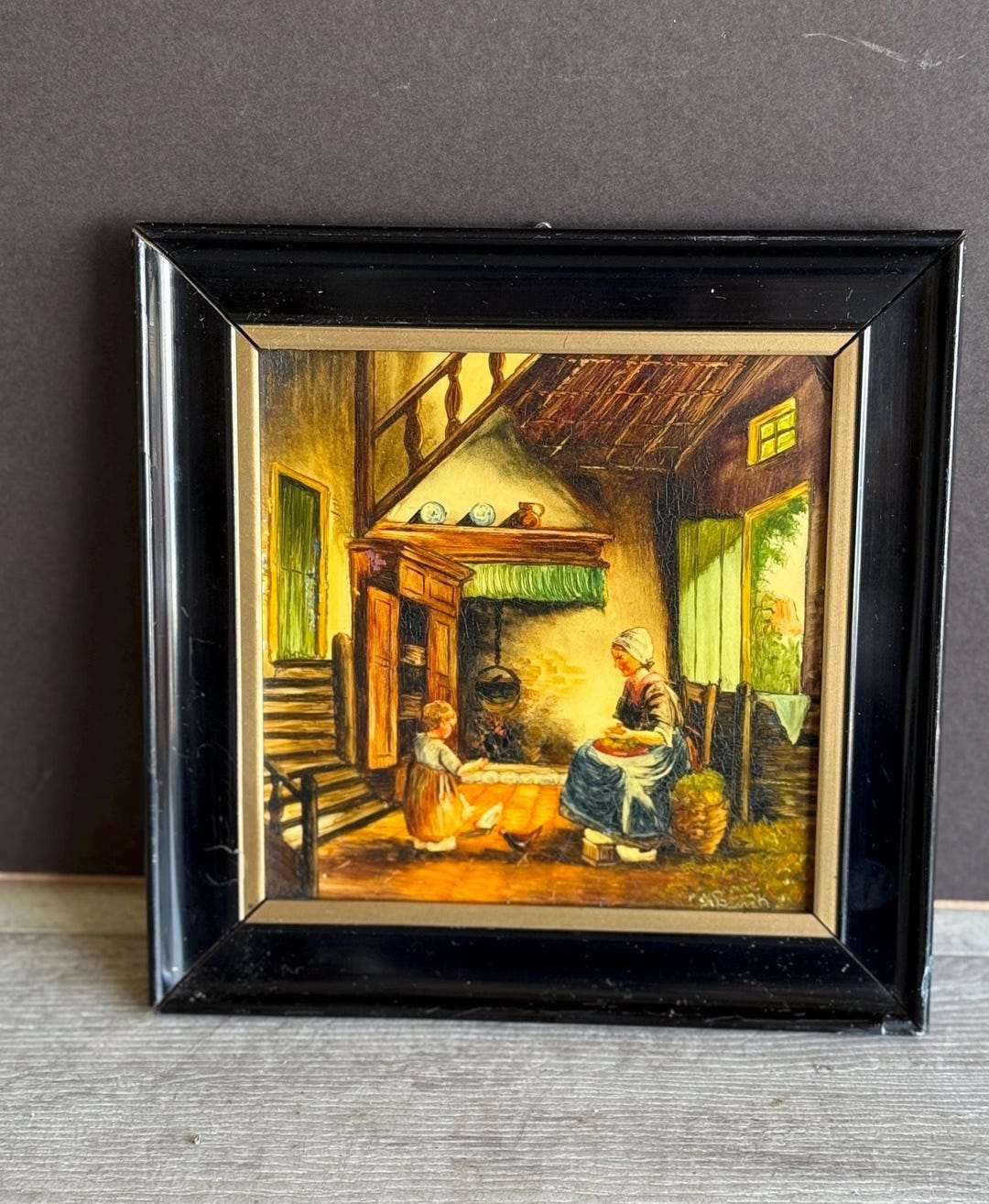 Vintage J. Brink Oil on Tile C. 1920 Framed Dutch Interior Scene: Jan ...