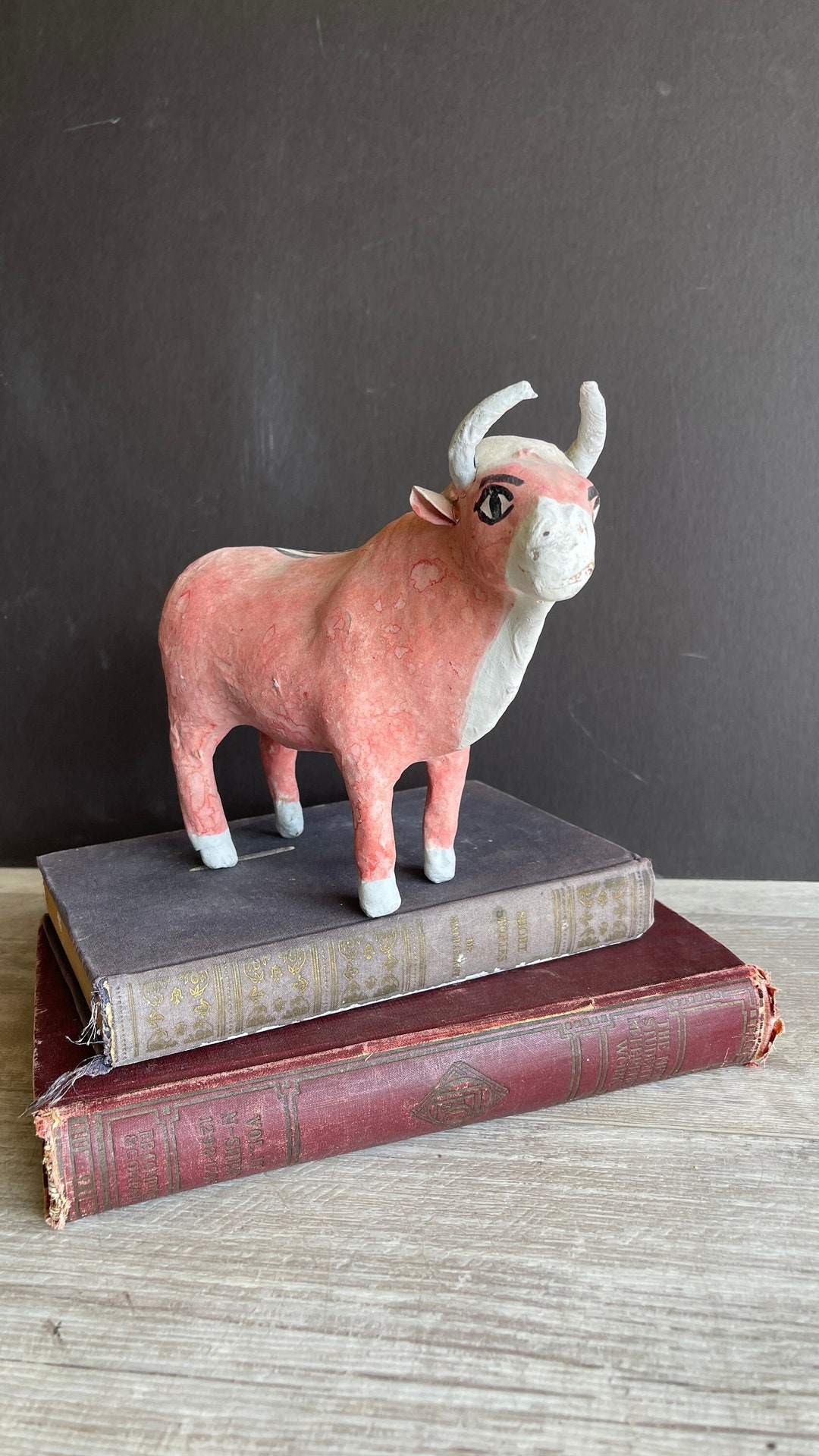 Vintage Mexican Papier Mache Cow Figurine Excellent Pink Bull El Toro ...