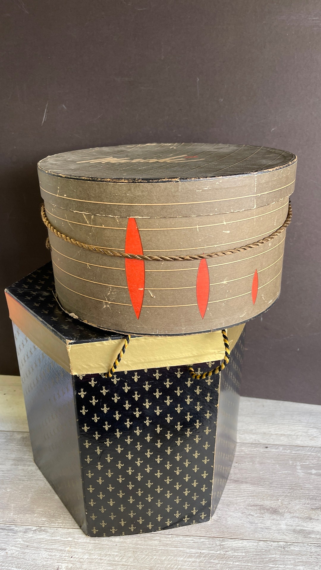 Vintage Hat Box Hatboxes - Fleur De Lis + Marche the Golden Rule - 2 Boxes -1950s Black and Gold ...