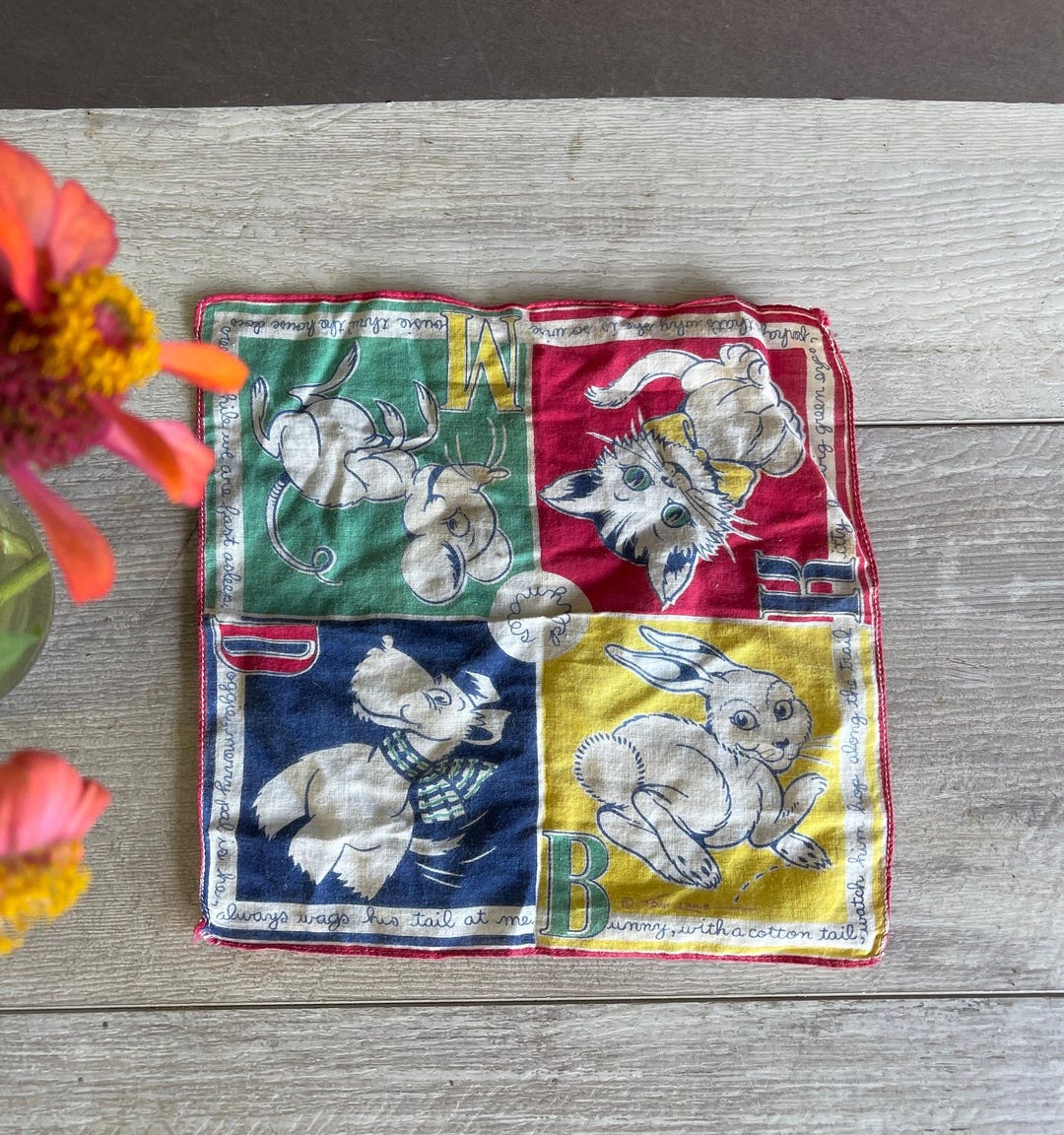 Vintage Handkerchief Hankie Hanky Kids - Kitty, Bunny, Dog, Mouse ...