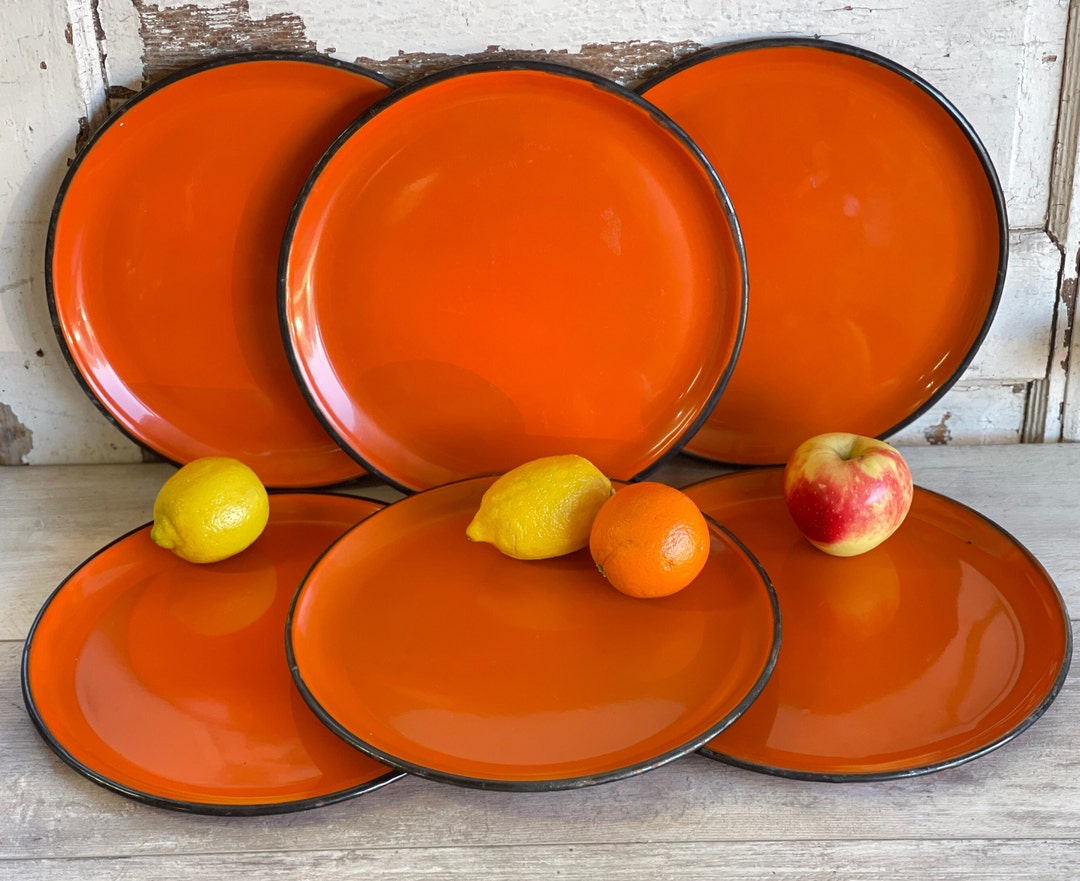 Vintage Enamelware Plates Mid Century Orange and Black Porcelain Enamel ...