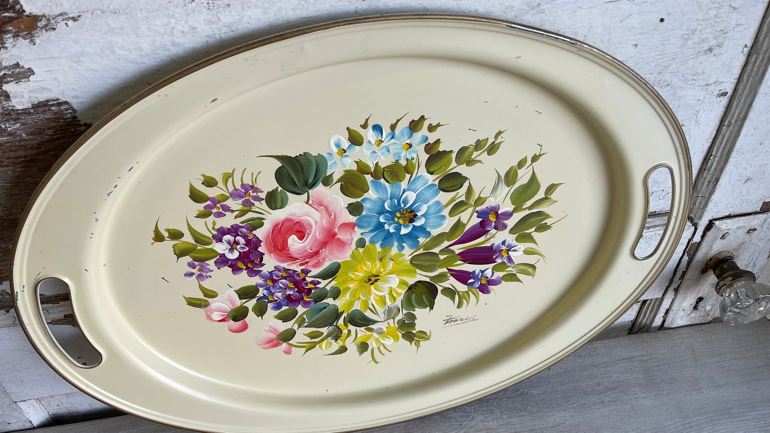 Vintage Tole Painted Tray Handpainted Ivory Signed Francis - Etsy
