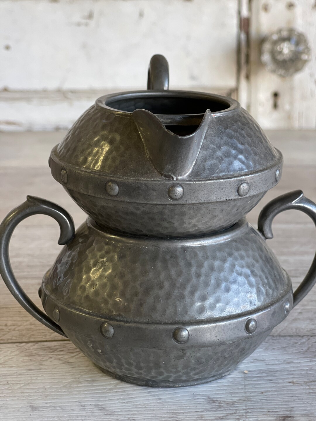 Vintage Creamer Sugar Pewter Set Craftsman Sheffield Riveted Hammered ...