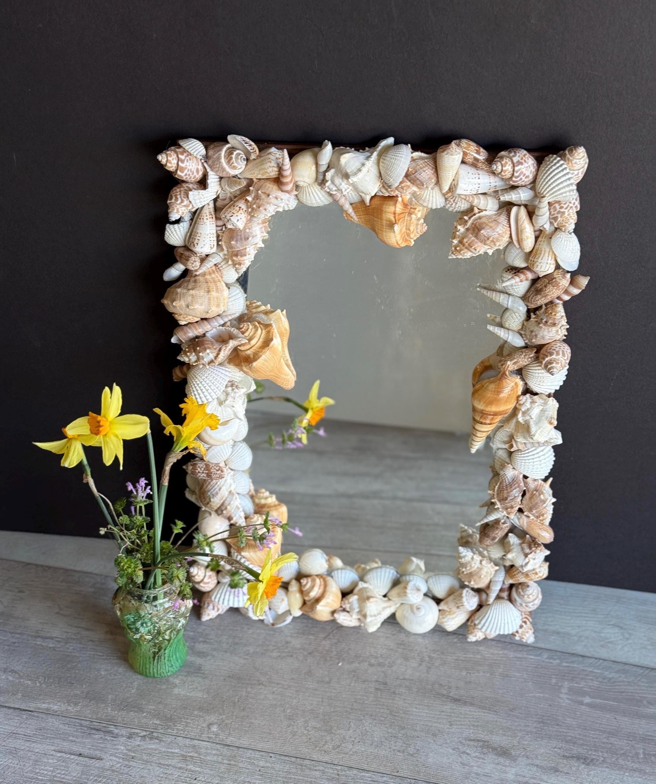 Vintage Seashell Mirror Handmade Folk Art Rectangular Seaside Cottage ...