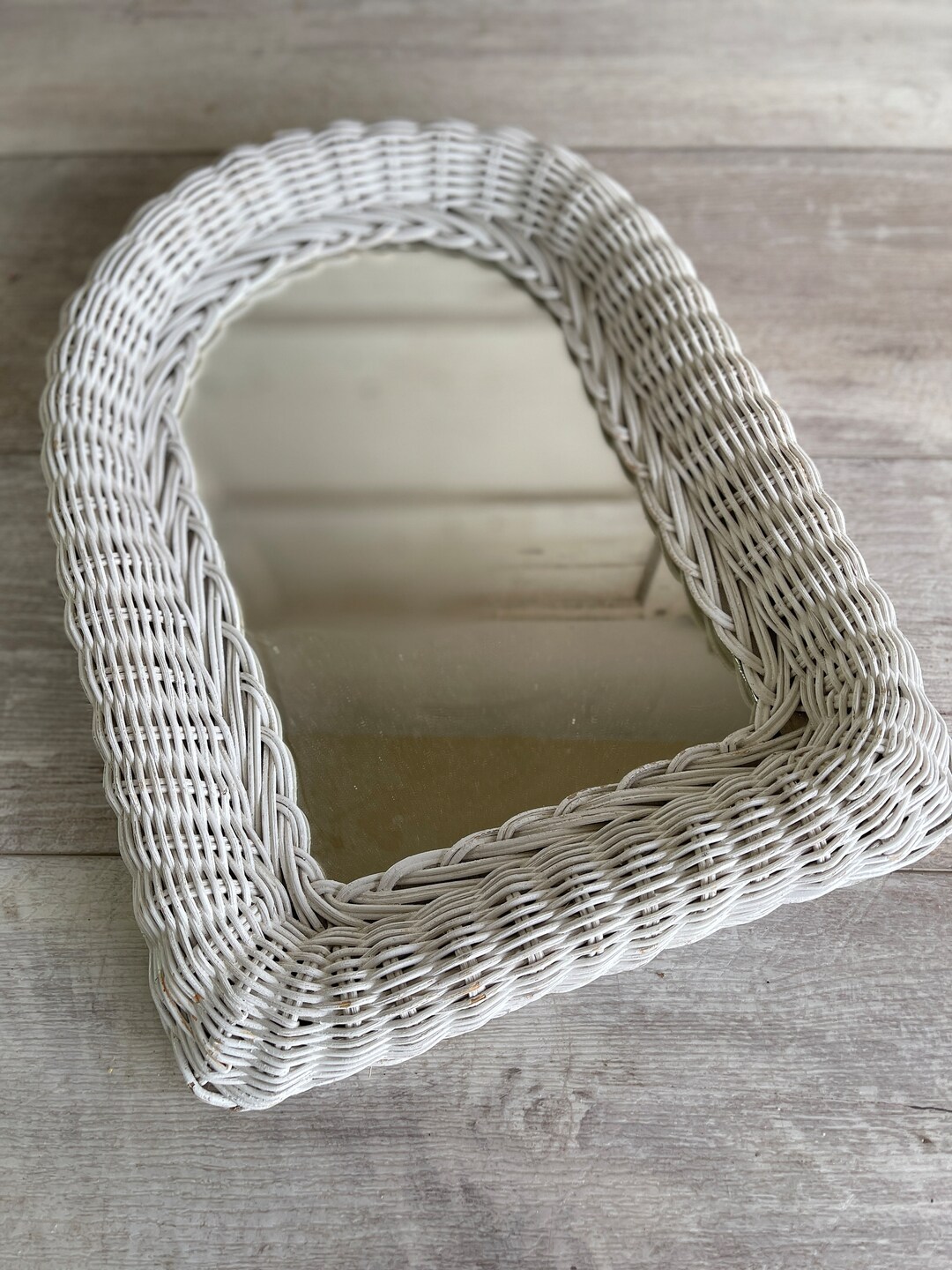 Vintage Wicker Mirror White Rattan 16 Inches Tall Oblong Cottage White ...