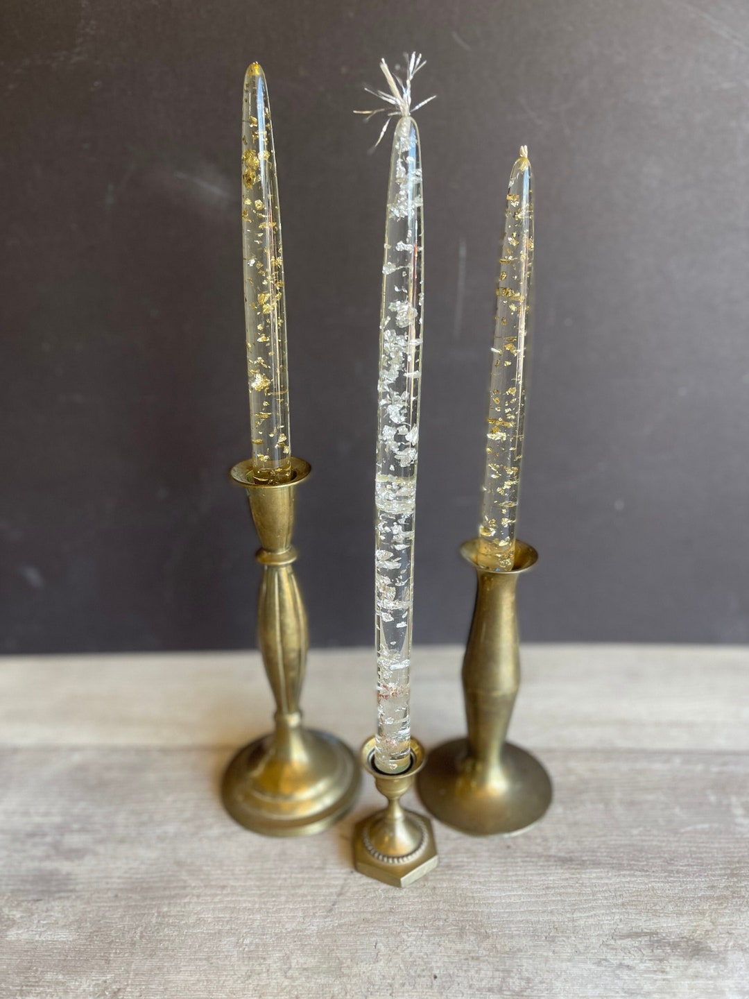 Vintage Lucite Candles - Taper Clear Gold Flecked - Set 2 - 8 Inches ...