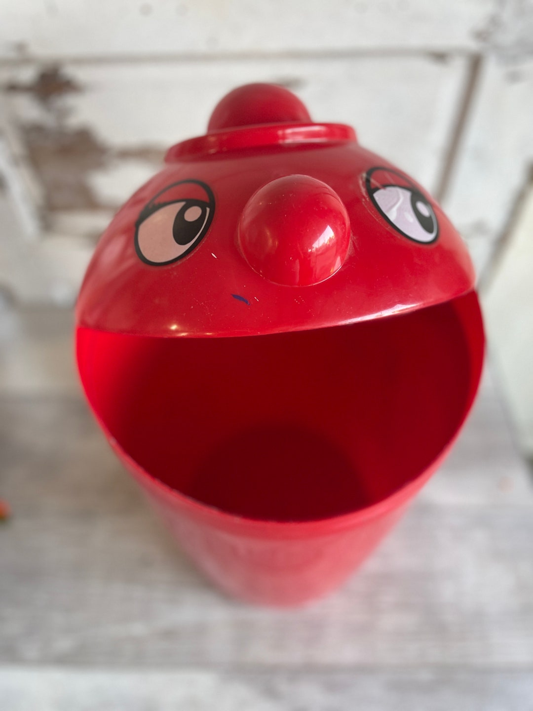 Vintage Waste Basket Trash Can Red Borneo Anthropomorphic Smiling ...