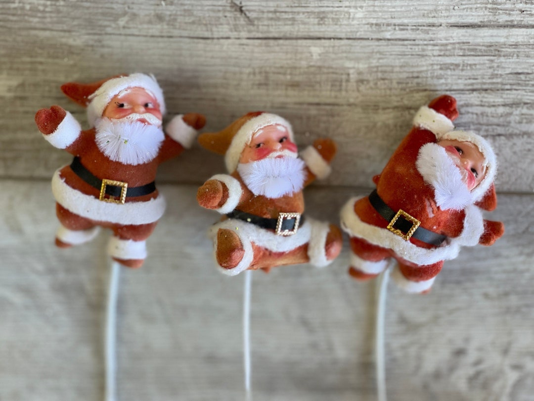 Vintage Flocked Santa Ornaments -floral Picks - NOS Lot 3 - Etsy