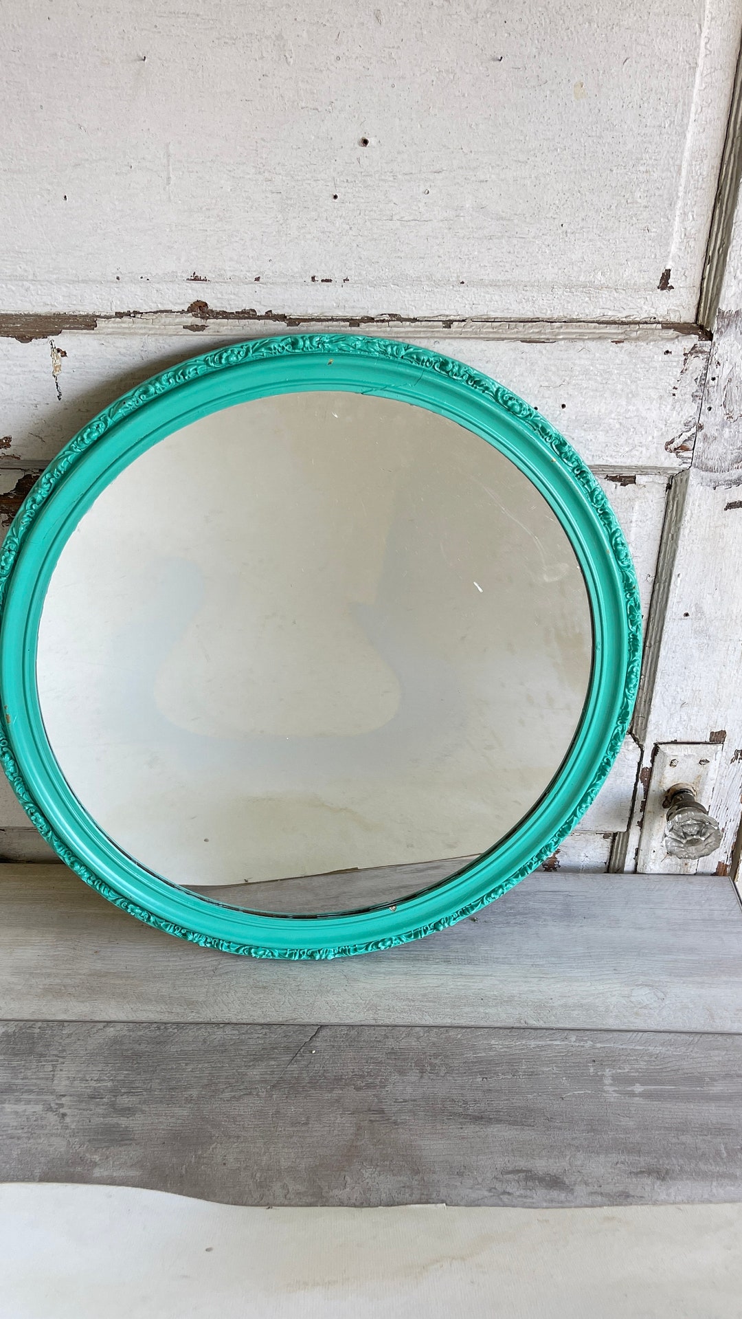 Vintage Mirror Round Painted Wood Gesso Turquoise Hollywood Regency ...