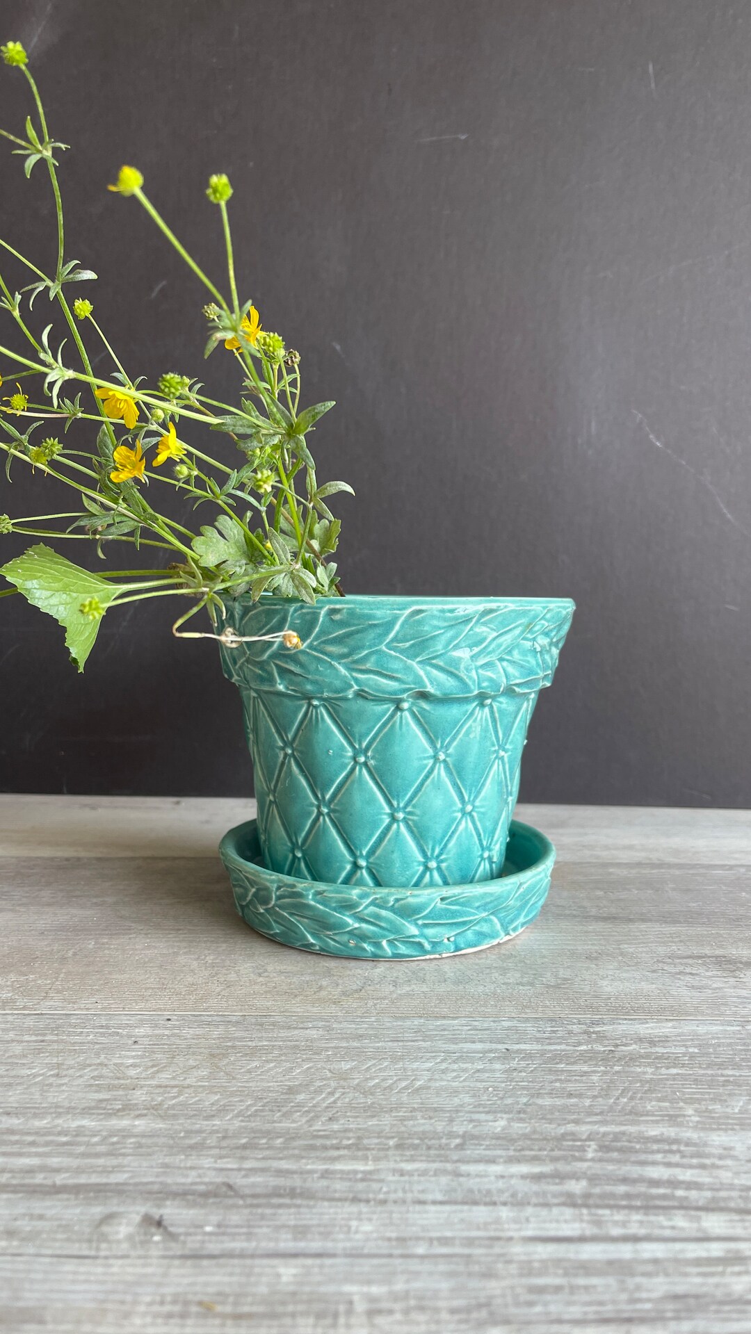 Vintage Mccoy Flower Pot 6 Inch Quilted Laurel Leaf Aqua Green Antique ...