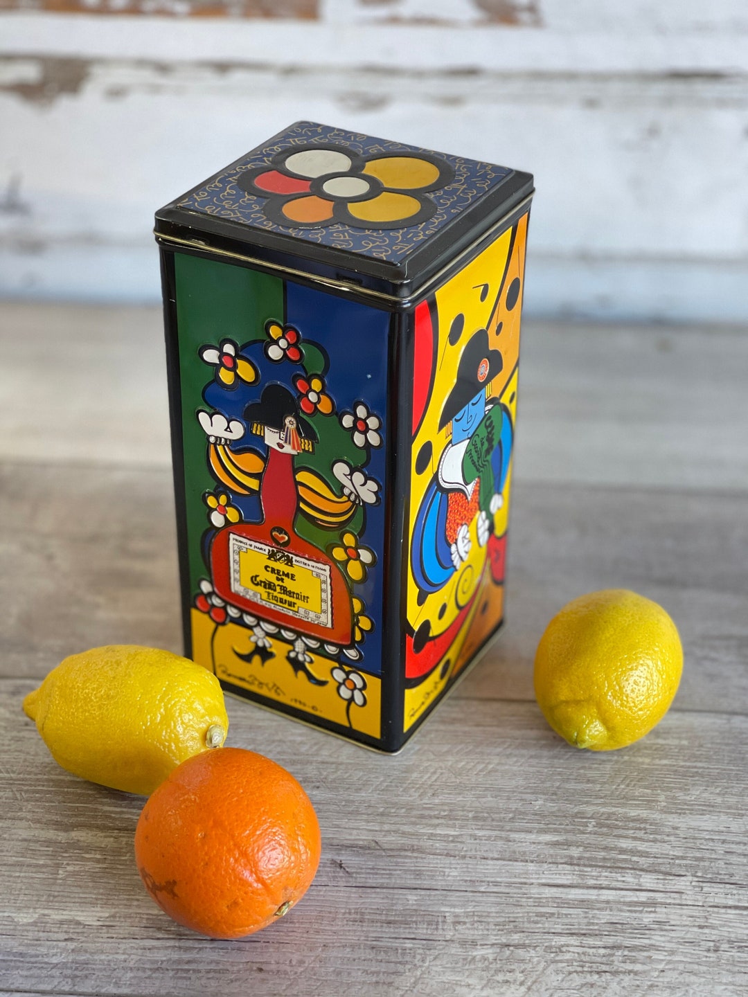 Vintage Tin Romero Britto Grand Marnier Liquor Bottle Canister C.1990s ...
