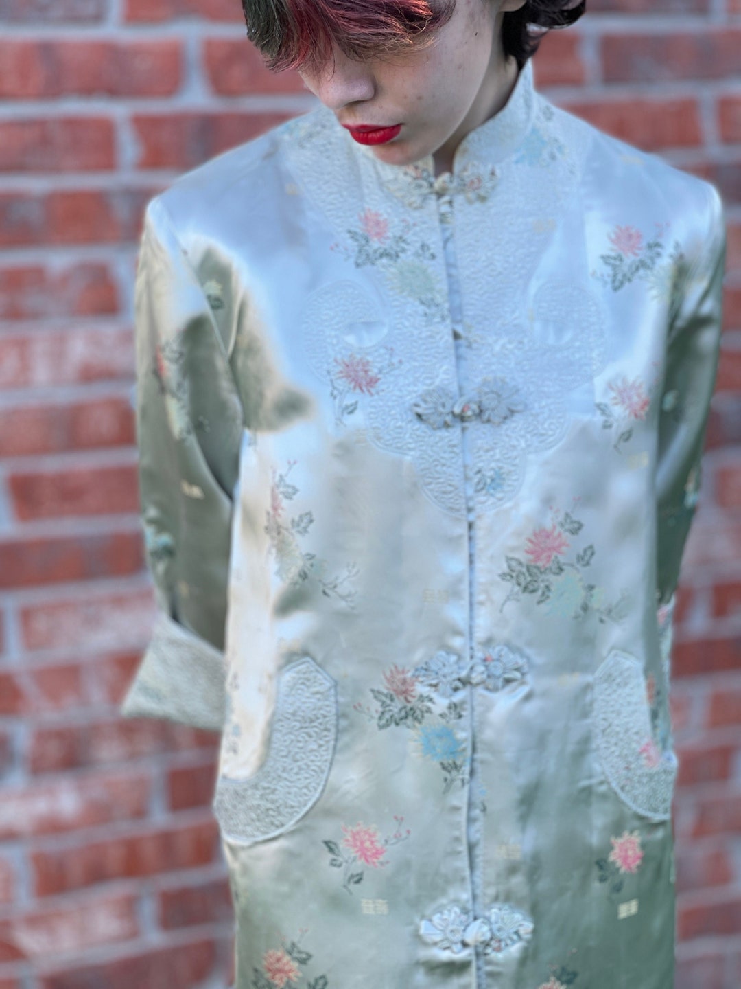 Vintage Silk Housecoat - Cheongsam Mandarin Collar-1960s Kimono Robe ...