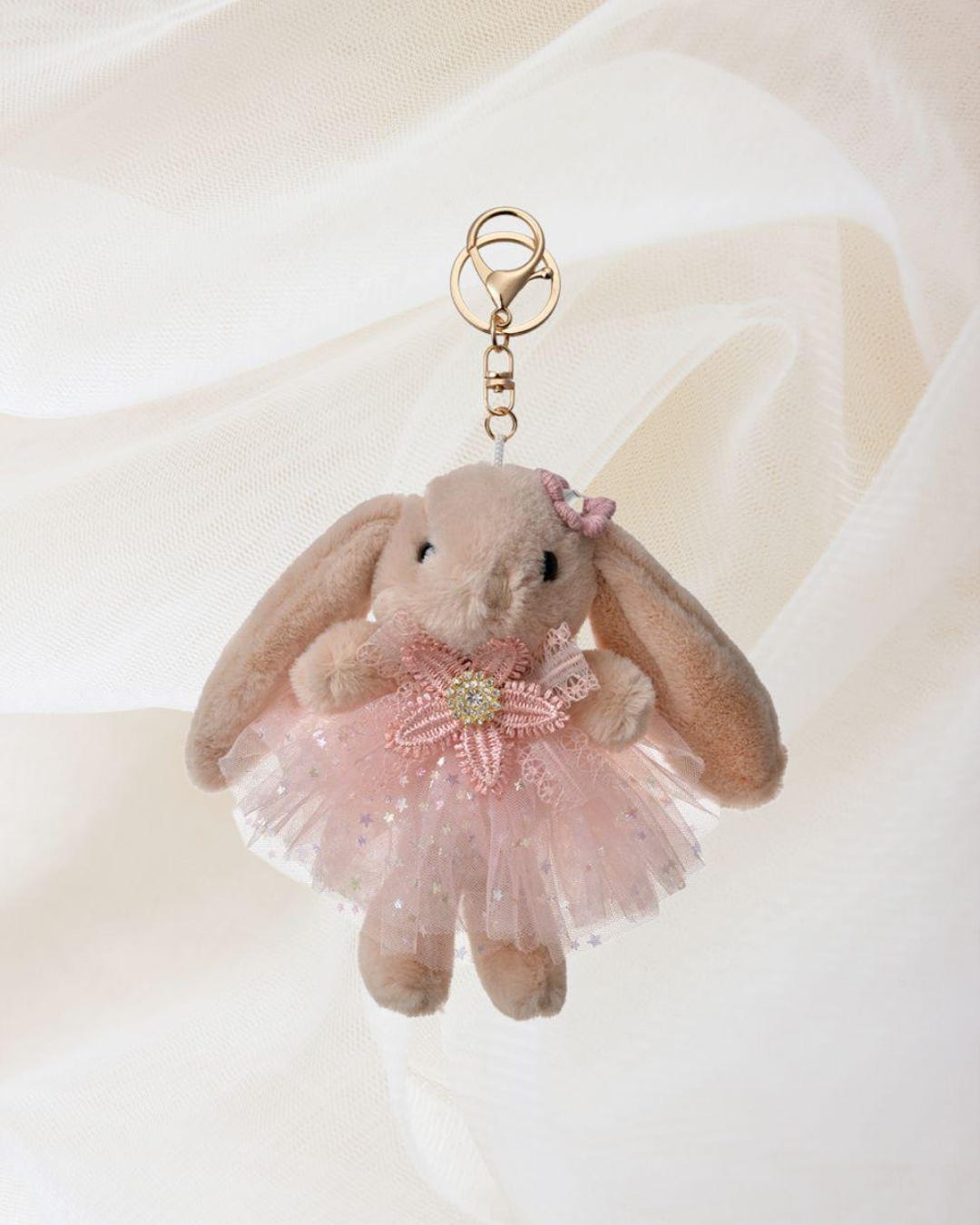 Enchanting Plush Pink Bunny, Cute Bear, Cat, Soft Keychain, Glitter Bow ...