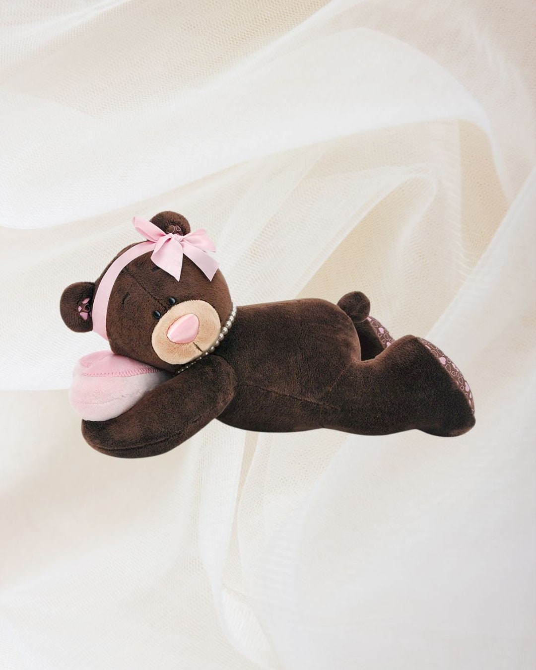 Bear Cuddly Toy With Pink Bow and Pearl Necklace, Plush, Coquette ...