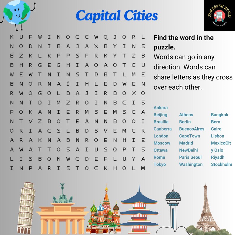 Capital Cities Puzzle Fun Printable PDF Educational Geography Game ...