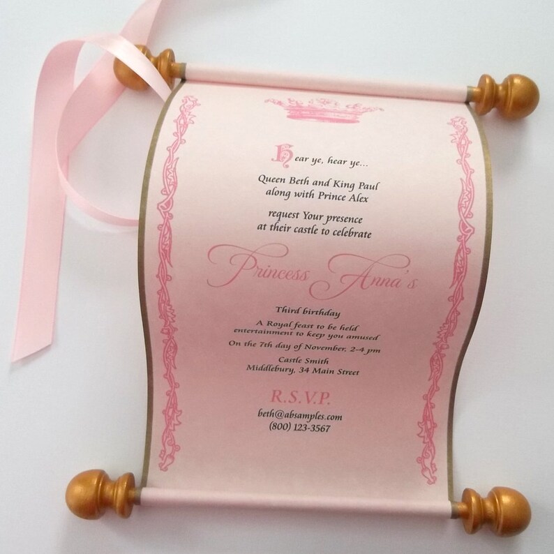 Princess Birthday Invitation Scrolls With Boxes in Pink and Gold, Set ...