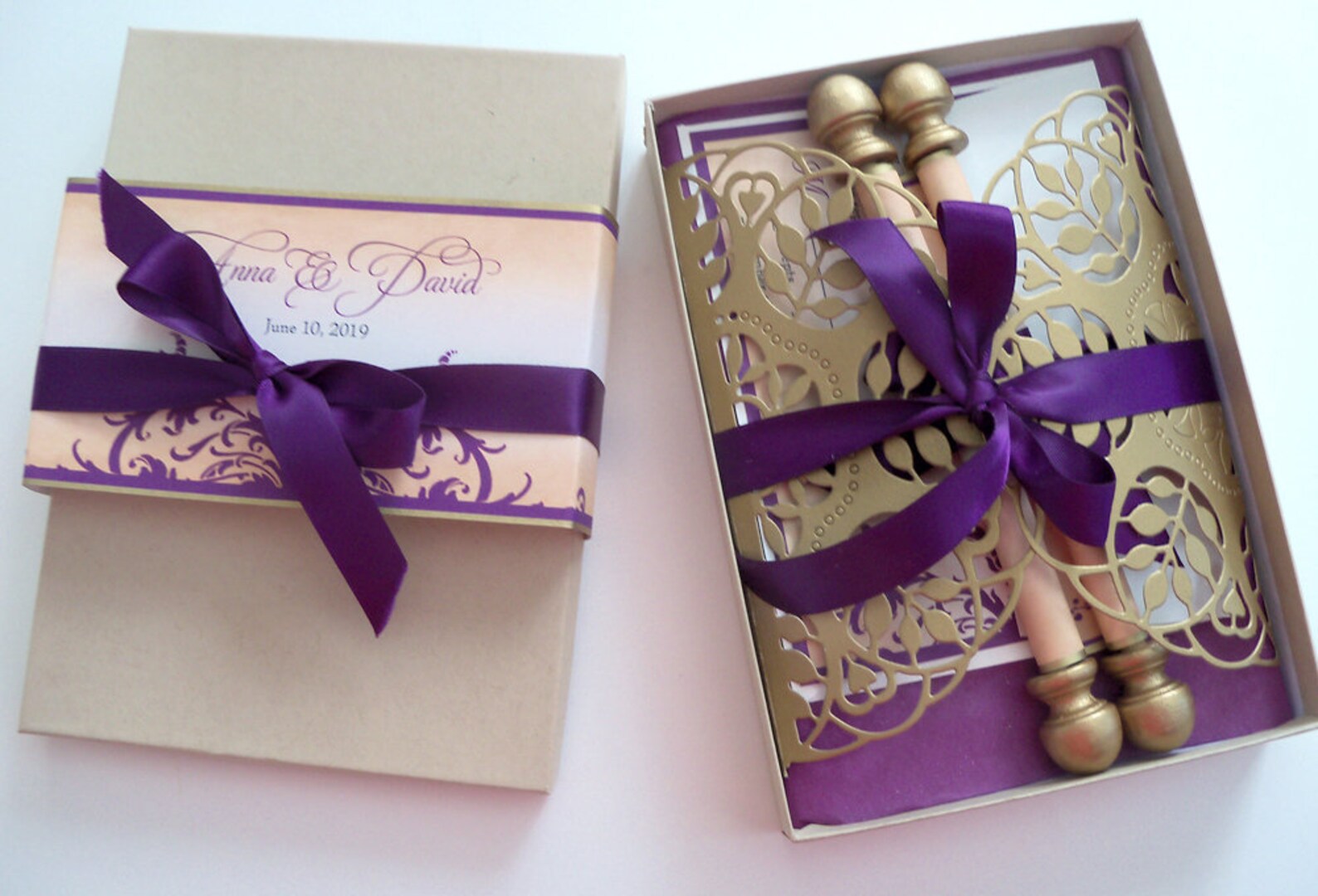 Elegant Scroll Wedding Invitation in a Box Damask Flower - Etsy