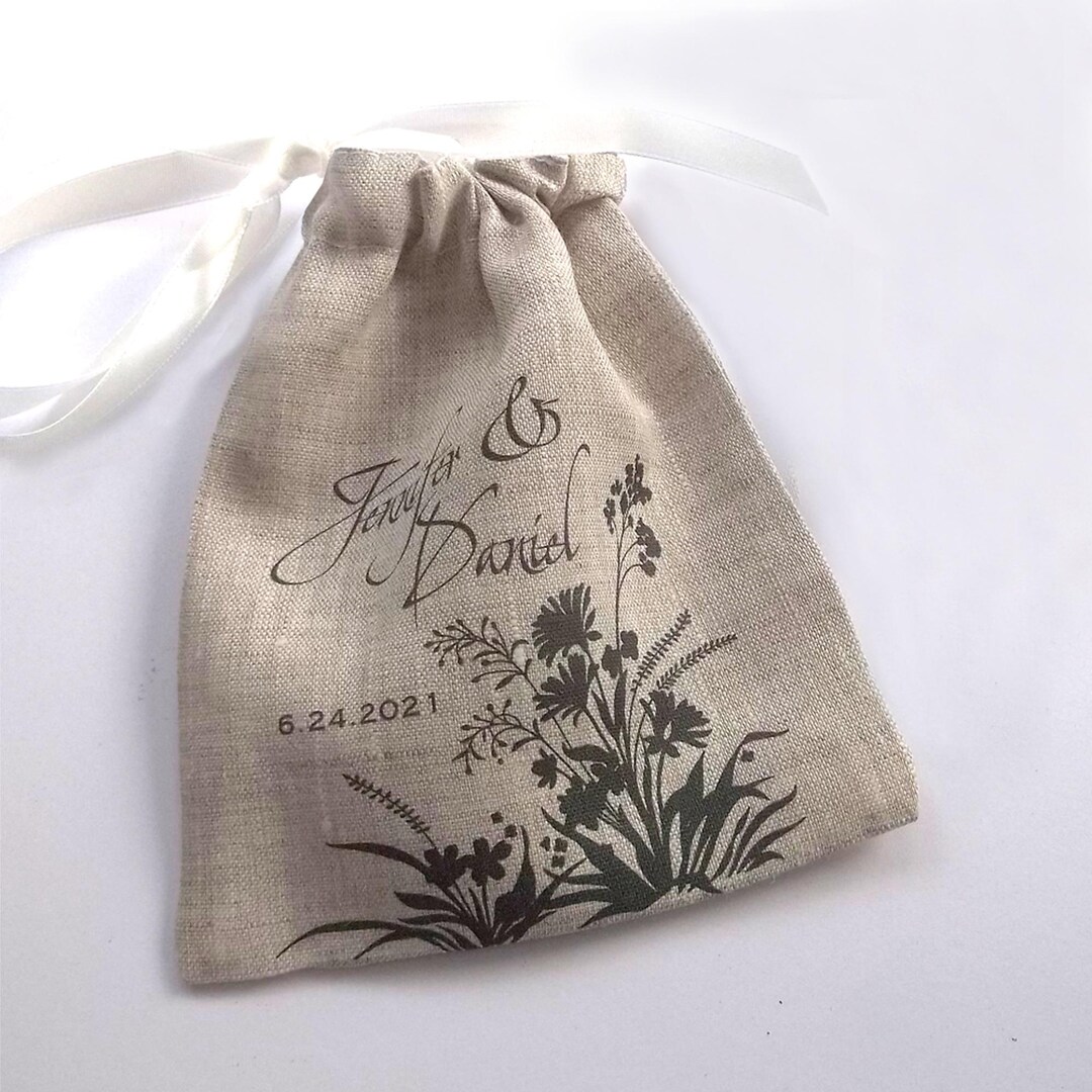Rustic Linen Wedding Ring Pouch Custom Printed With Bride and Groom ...