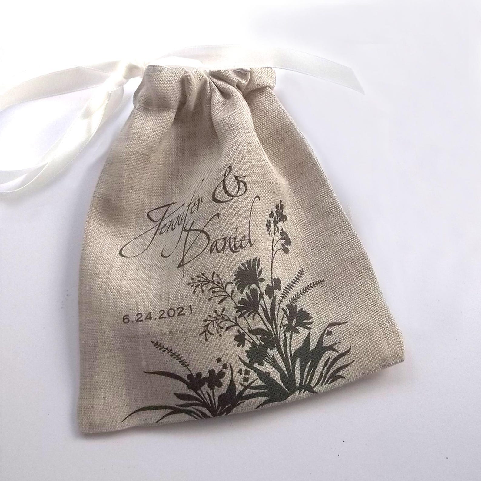 Rustic Linen Wedding Ring Pouch Custom Printed With Bride and Groom ...