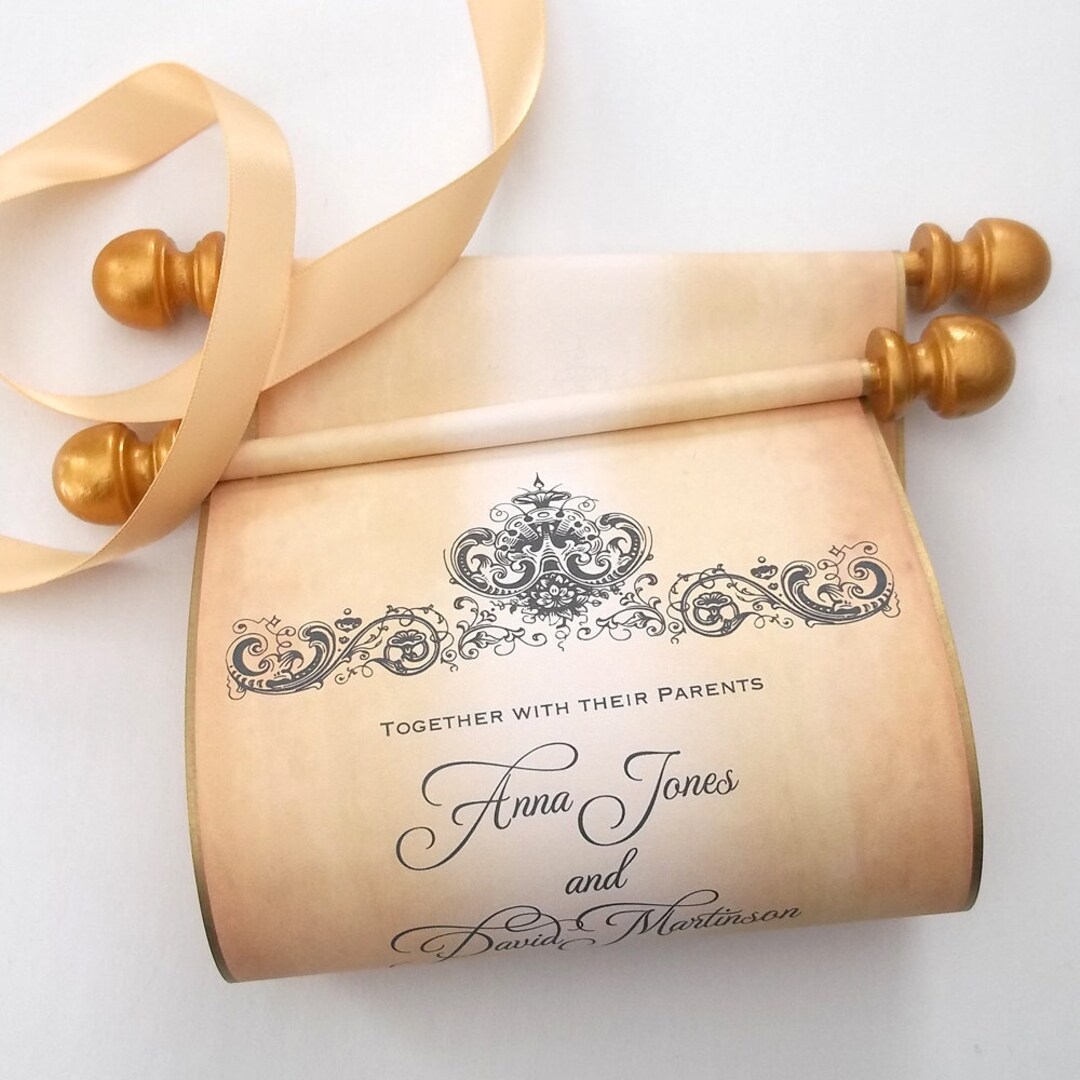 Rustic Wedding Invitation Scrolls, Damask Wedding Invitation With Gold ...