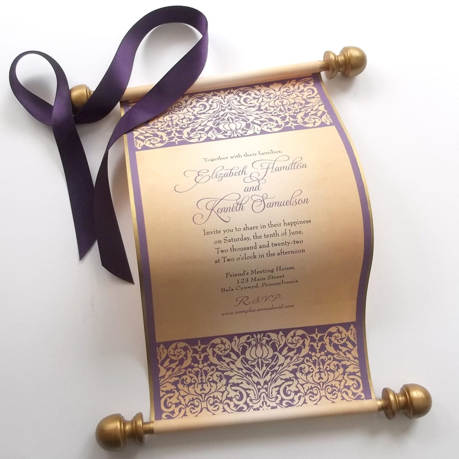 Medieval Castle Scroll in Eggplant Purple and Gold, Damask Stencil ...