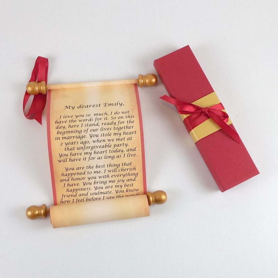 Custom Message Scroll With Red and Gold Accents, 5x12" Paper, Gift Box ...