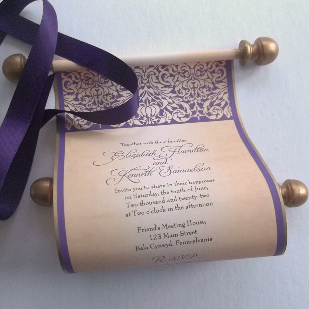 Wedding Invitation Scrolls, Destination Castle in Plum and Aged Gold ...