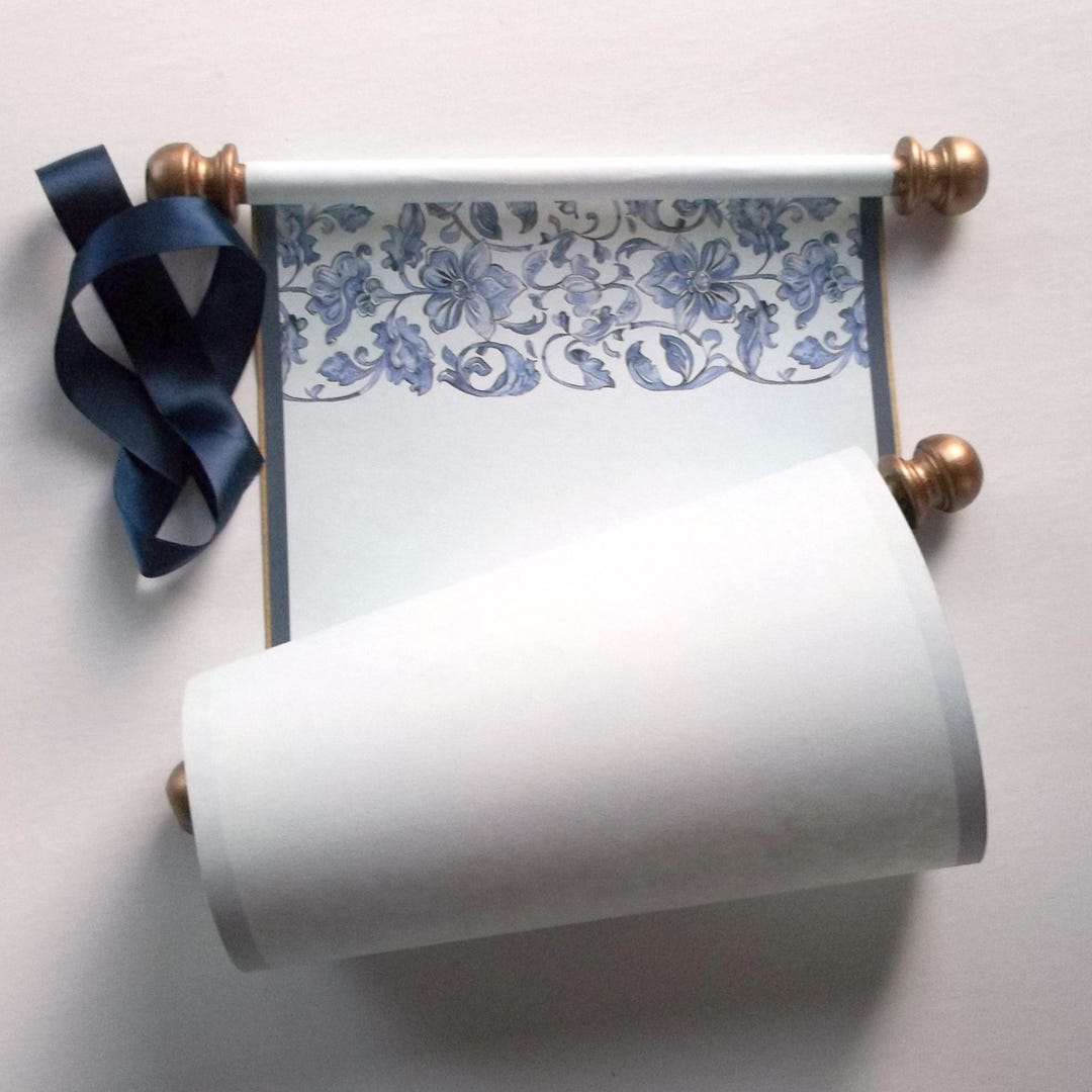 French Cottage Scroll With Blue Flowers, Wedding Vows Scroll ...