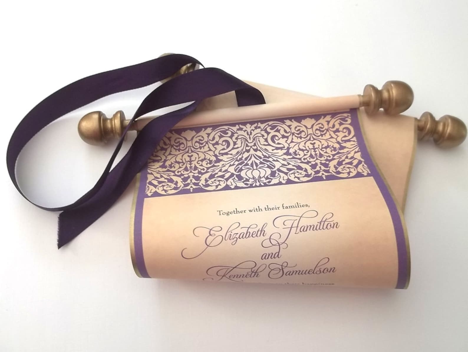 Medieval Castle Scroll in Eggplant Purple and Gold, Damask Stencil ...
